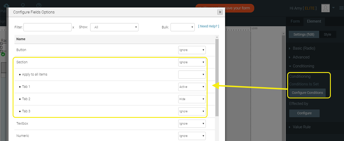 Show/Hide section tabs via condition