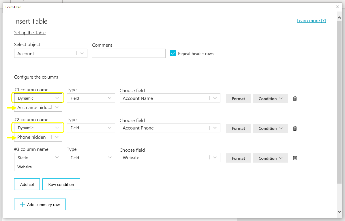 Dynamic Column Headers In Table Configuration