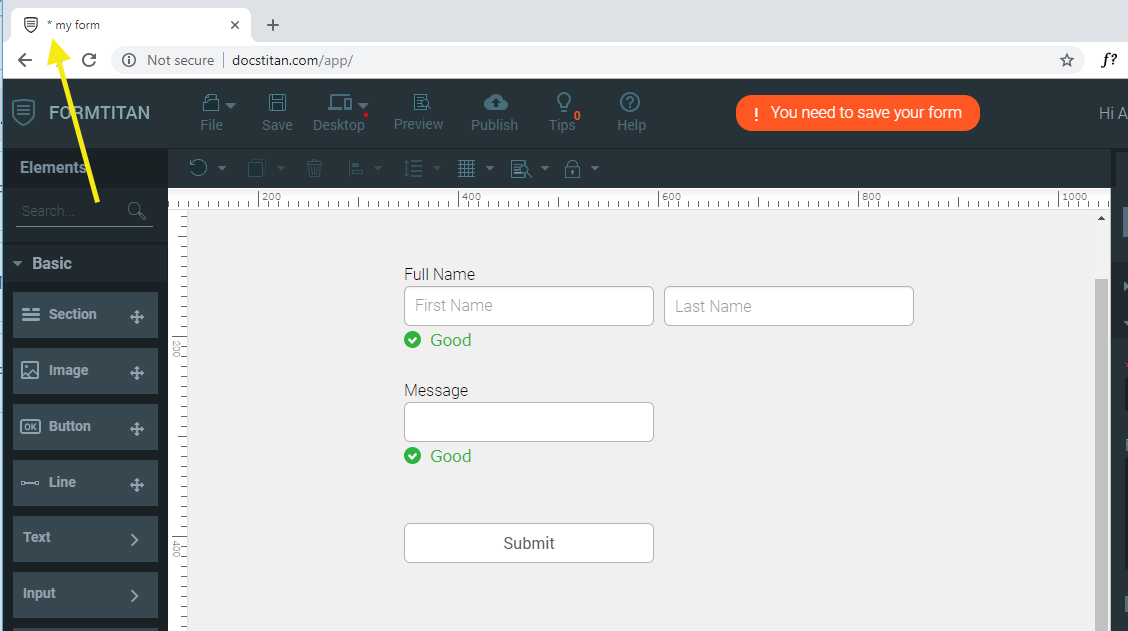 When form is updated show asterisk in browser tab