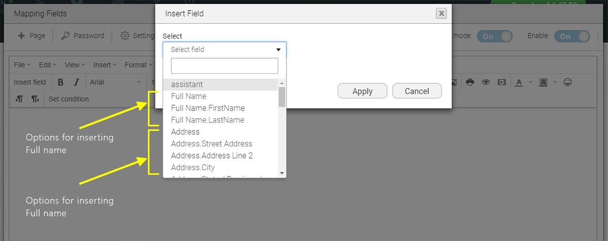 PDF mapping supports separate fields of Address and Full name