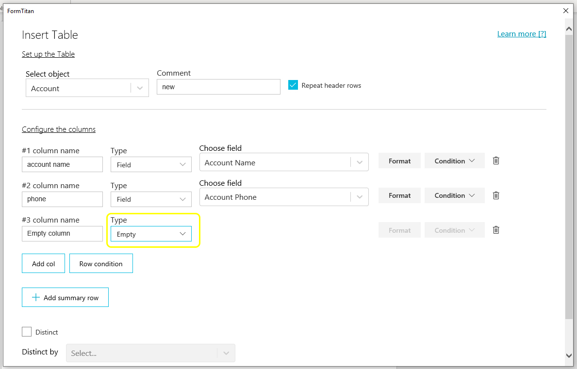 Option to add an empty column to the Table