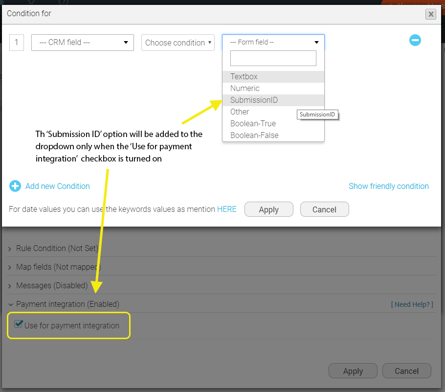 Submission id in Salesforce push condition upon payment